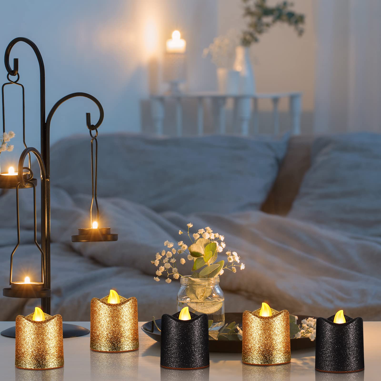 24 Packs Flameless Glitter Candles LED Votive Tealights Battery Operated Tea Lights Warm Yellow Light Holder for Anniversary Wedding New Year Christmas Centerpiece Table Outdoor Decor (Gold, Black)