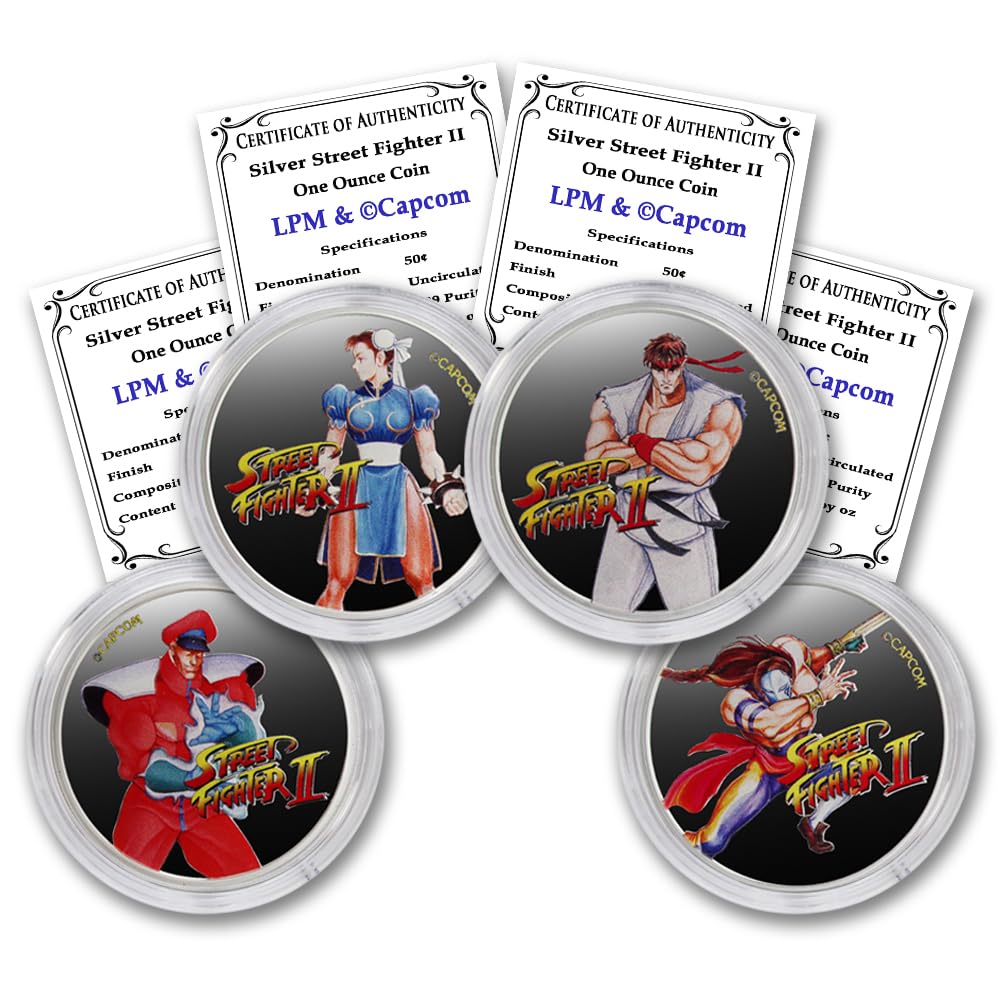 2021 Set of (4) 1 oz Silver Fiji Street Fighter 30th Anniversary Coins (Vega - Chun-Li - M Bison - Ryu) Brilliant Uncirculated (in Capsule) with Certificates of Authenticity 50c BU