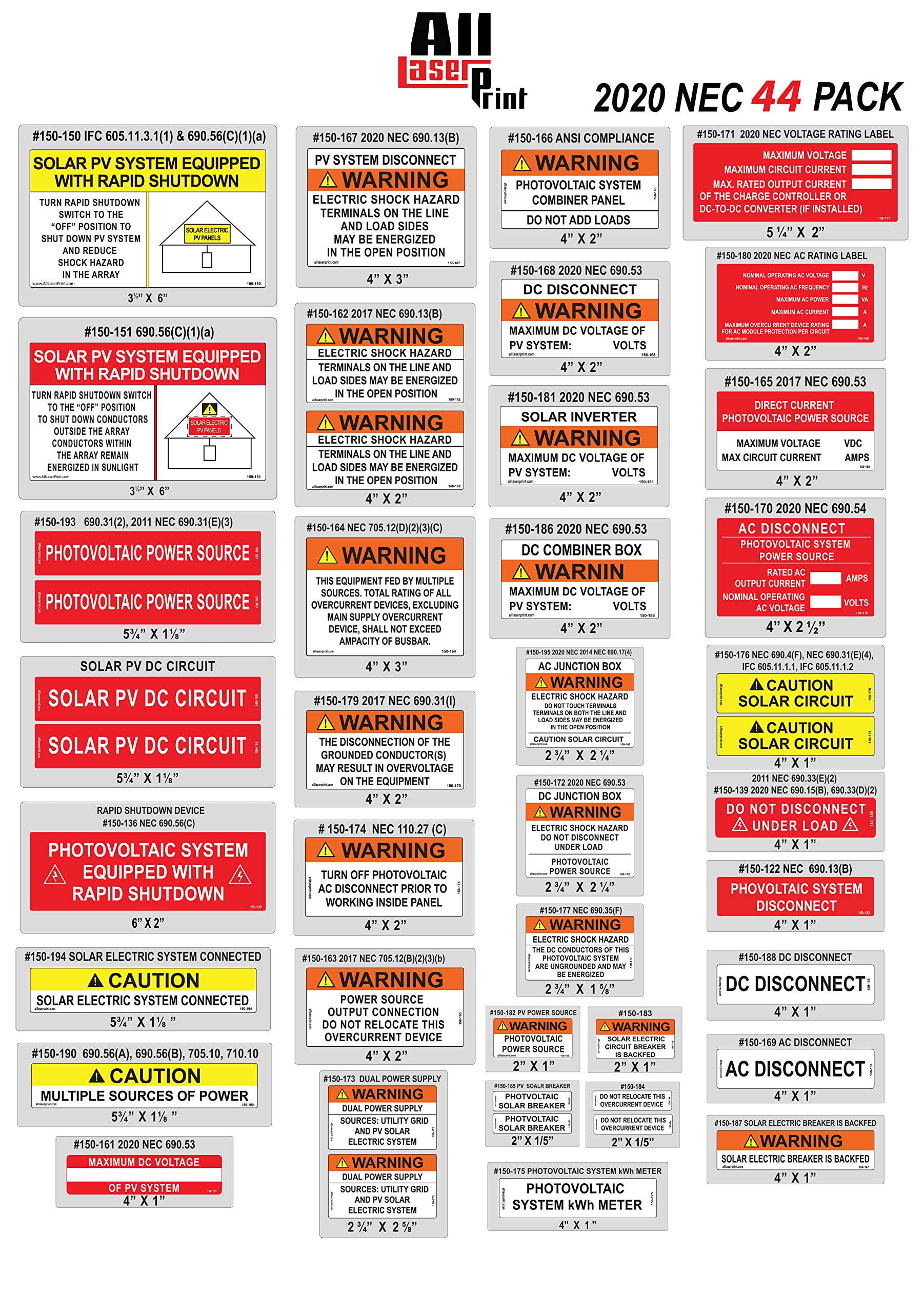 2020 NEC Solar Label Pack- 44 Premium Solar PV Safety Warning Photovoltaic System Labels