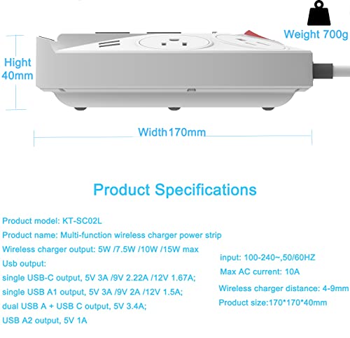 Surge Protector Power Strip Tower, KingTSYU Power Strip Extension Cord with USB C Ports, 4 Outlets and 15W Wireless Charger, USB C PD Power Delivery for Home/Office/Travel (PD 20W)