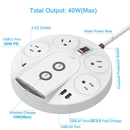 Surge Protector Power Strip Tower, KingTSYU Power Strip Extension Cord with USB C Ports, 4 Outlets and 15W Wireless Charger, USB C PD Power Delivery for Home/Office/Travel (PD 20W)