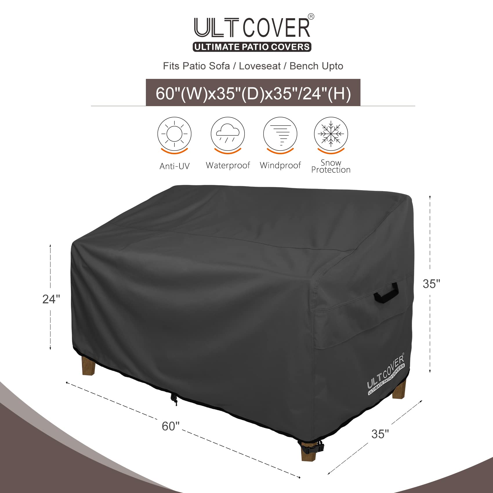 ULTCOVER Patio Furniture Sofa Cover 60W x 35D x 35H inch Waterproof Outdoor 2-Seater Loveseat Cover, Black