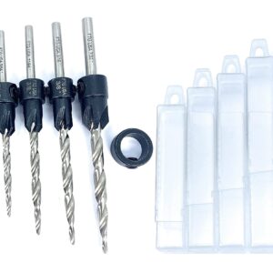 FTG USA Wood Countersink Drill Bit Set 5 Pc Countersink Drill bit #4#6#8#10#12 HSS M2 Tapered Drill Bits with Straight Shank Countersink bit, 2 Stop Collar, 1 Hex Wrench, 6 Countersink Storage Boxes