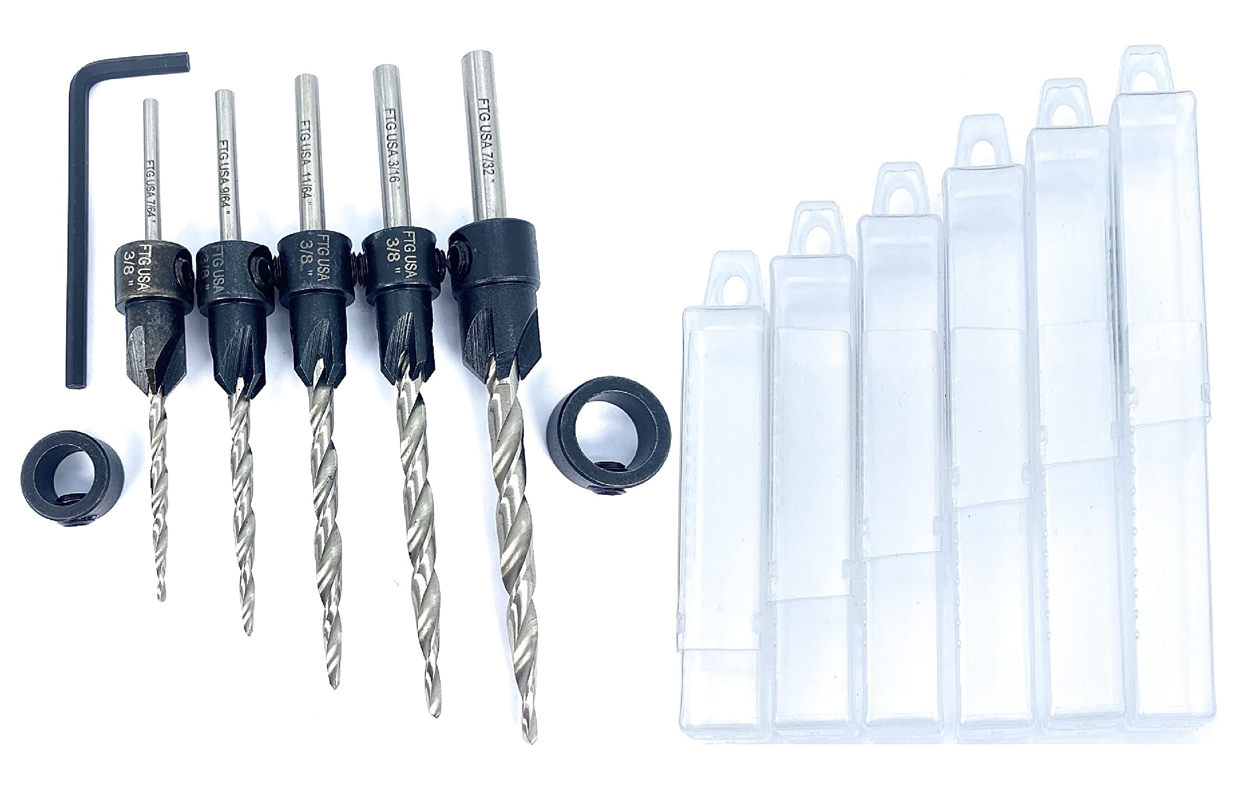 FTG USA Wood Countersink Drill Bit Set 5 Pc Countersink Drill bit #4#6#8#10#12 HSS M2 Tapered Drill Bits with Straight Shank Countersink bit, 2 Stop Collar, 1 Hex Wrench, 6 Countersink Storage Boxes