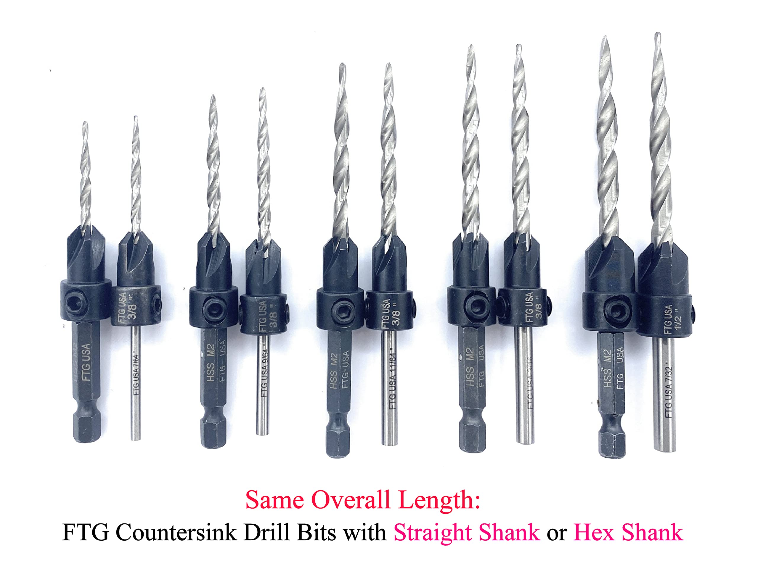 FTG USA Wood Countersink Drill Bit Set 5 Pc Countersink Drill bit #4#6#8#10#12 HSS M2 Tapered Drill Bits with Straight Shank Countersink bit, 2 Stop Collar, 1 Hex Wrench, 6 Countersink Storage Boxes