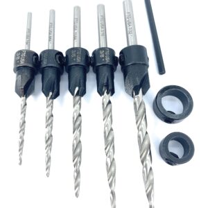 FTG USA Wood Countersink Drill Bit Set 5 Pc Countersink Drill bit #4#6#8#10#12 HSS M2 Tapered Drill Bits with Straight Shank Countersink bit, 2 Stop Collar, 1 Hex Wrench, 6 Countersink Storage Boxes