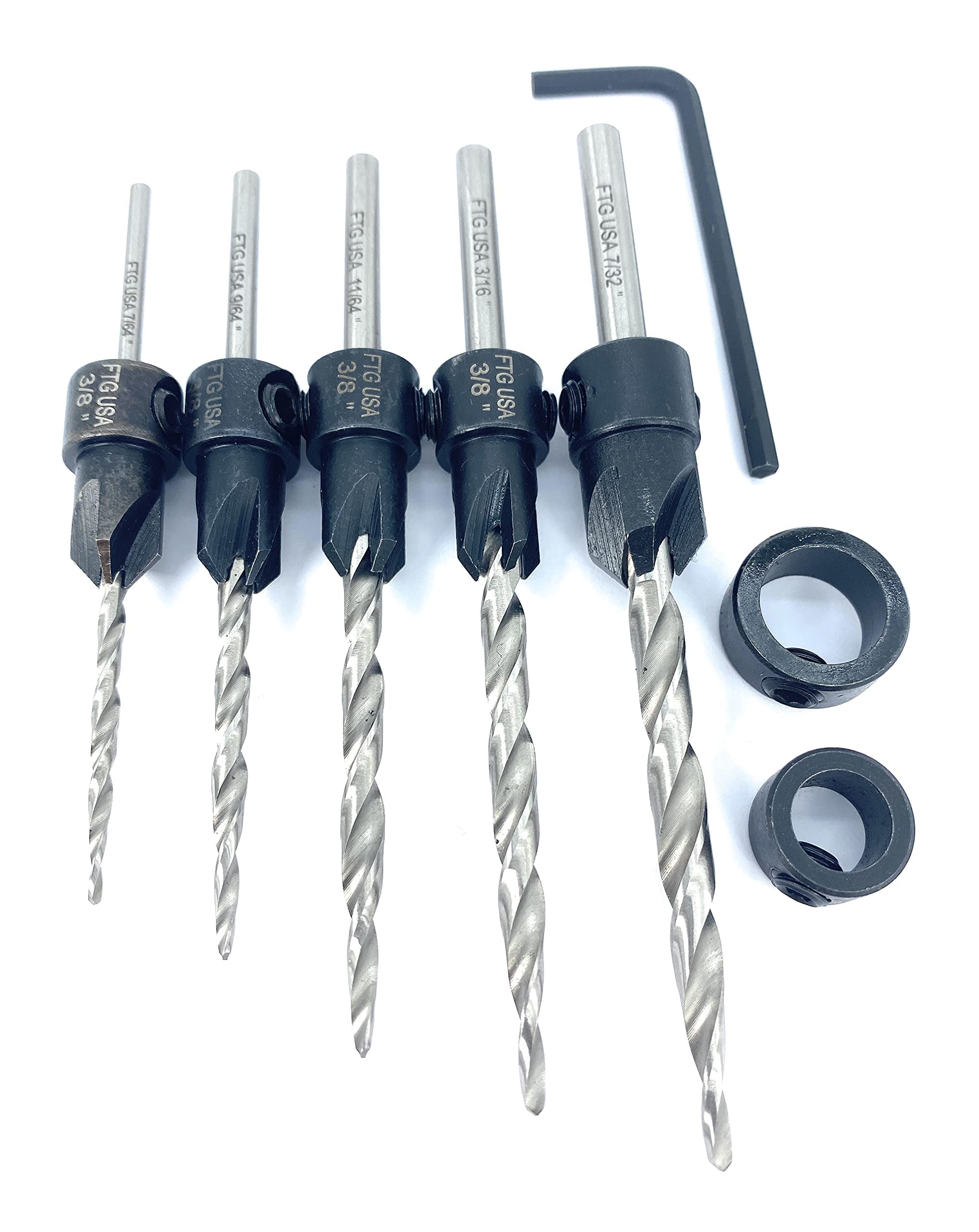 FTG USA Wood Countersink Drill Bit Set 5 Pc Countersink Drill bit #4#6#8#10#12 HSS M2 Tapered Drill Bits with Straight Shank Countersink bit, 2 Stop Collar, 1 Hex Wrench, 6 Countersink Storage Boxes