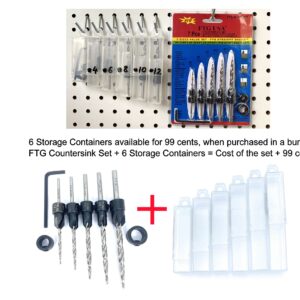 FTG USA Wood Countersink Drill Bit Set 5 Pc Countersink Drill bit #4#6#8#10#12 HSS M2 Tapered Drill Bits with Straight Shank Countersink bit, 2 Stop Collar, 1 Hex Wrench, 6 Countersink Storage Boxes