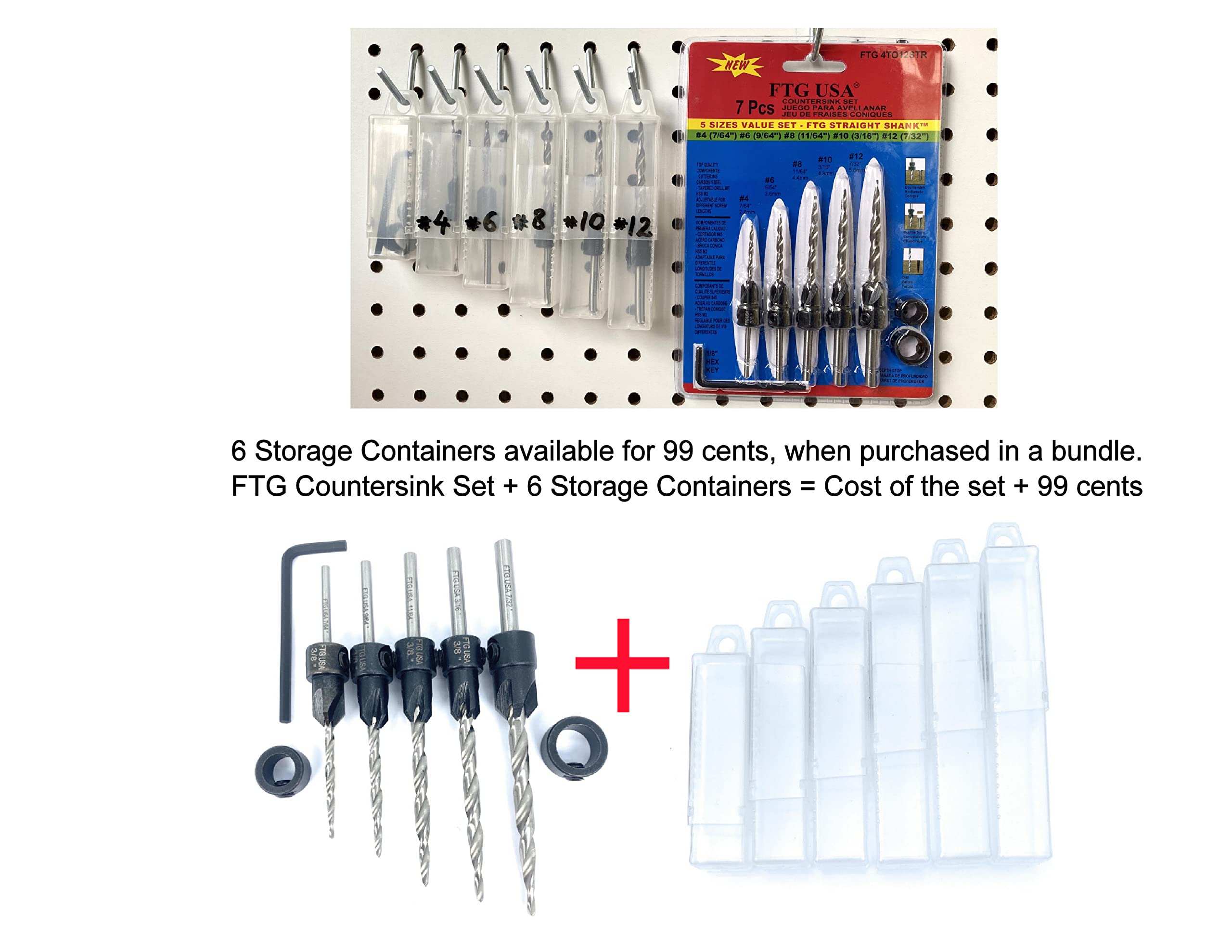 FTG USA Wood Countersink Drill Bit Set 5 Pc Countersink Drill bit #4#6#8#10#12 HSS M2 Tapered Drill Bits with Straight Shank Countersink bit, 2 Stop Collar, 1 Hex Wrench, 6 Countersink Storage Boxes