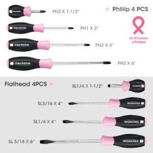 WORKPRO Pink Cordless 20V Lithium-ion Drill Driver Set & 8 Piece Magnetic Screwdrivers Set- Pink Ribbon