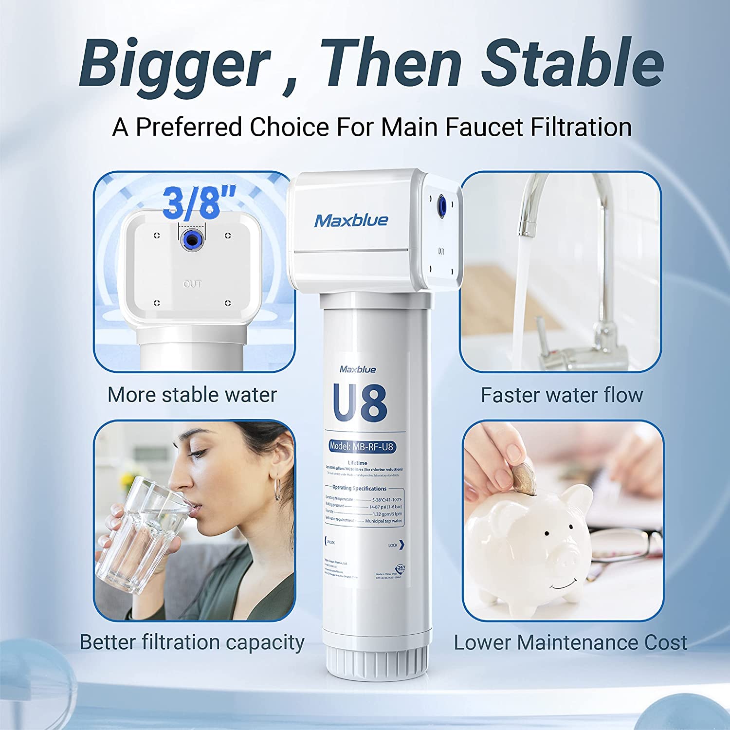 Maxblue U8-ST Under Sink Water Filter System, 2 Years High Capacity, Reduces Lead, Chlorine, Heavy Metals, Bad Taste & Odor, Under Counter Water Filter Direct Connect to Kitchen Faucet, USA Tech