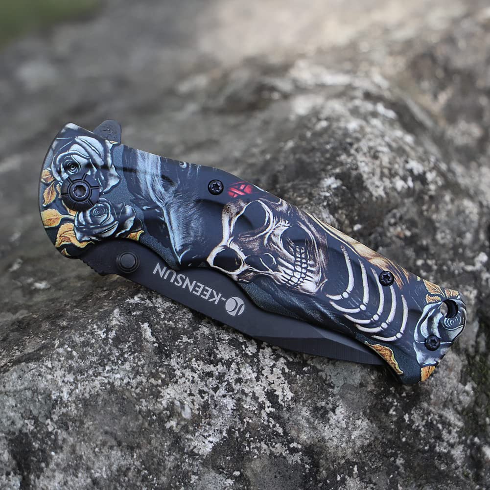 KEENSUN Pocket Folding Knife –Tactical Knife,Hunting Knife,Flipper Knife,EDC Knife.Speed Safe Spring Assisted Opening Knifes with Liner Lock,Thumb stud and Pocketclip.Good for Camping,Hiking,Indoor and Outdoor Activities,Skeleton King 3D Printing patterns