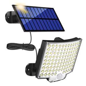 mpj solar light for outdoor, 106 led solar light outdoor with motion sensor, ip65 waterproof, 120° lighting angle, solar wall light for garden with 16.5 ft cable