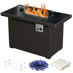 primetek 2-in-1 fire pit table for patio, brown wicker - 44", 50,000 btu, wind guard, and glass rocks (fph-brn) (44 x 32 x 24 inch)