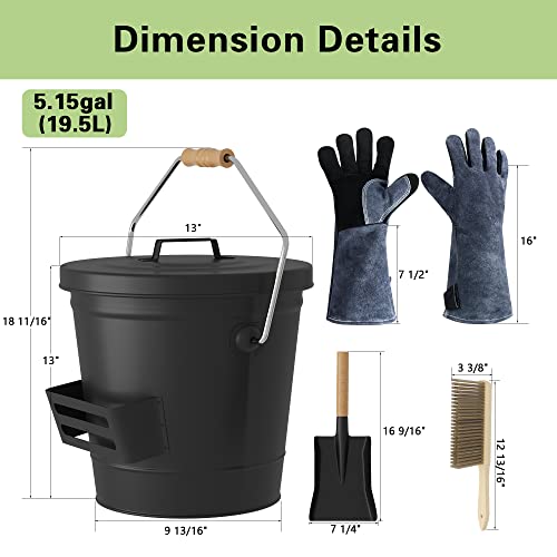 JWX Metal Ash Bucket and Shovel Set - 5.2 Gallon Galvanized Coal Bucket with Heat-Resistant Gloves and Reinforced Base -for Indoor and Outdoor & Use Upgrade Your Fire Pit Experience