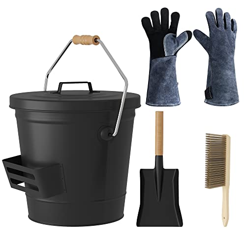 JWX Metal Ash Bucket and Shovel Set - 5.2 Gallon Galvanized Coal Bucket with Heat-Resistant Gloves and Reinforced Base -for Indoor and Outdoor & Use Upgrade Your Fire Pit Experience