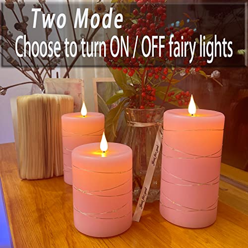 Fanzir Pink Flameless Candles with String Lights Battery Operated Flickering LED Pillar Candles 4‘’ 5‘’ 6‘’ Candle with Remote Control, Set of 3