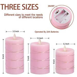 Fanzir Pink Flameless Candles with String Lights Battery Operated Flickering LED Pillar Candles 4‘’ 5‘’ 6‘’ Candle with Remote Control, Set of 3