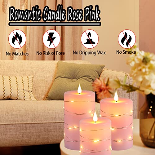 Fanzir Pink Flameless Candles with String Lights Battery Operated Flickering LED Pillar Candles 4‘’ 5‘’ 6‘’ Candle with Remote Control, Set of 3