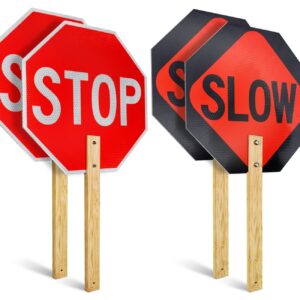 Stop Slow Sign with Bamboo Handle, 2-Pack 13" x 13" Double Sided Engineer Grade Aluminum Sign, Reflective,Sturdy, Easy to Assemble