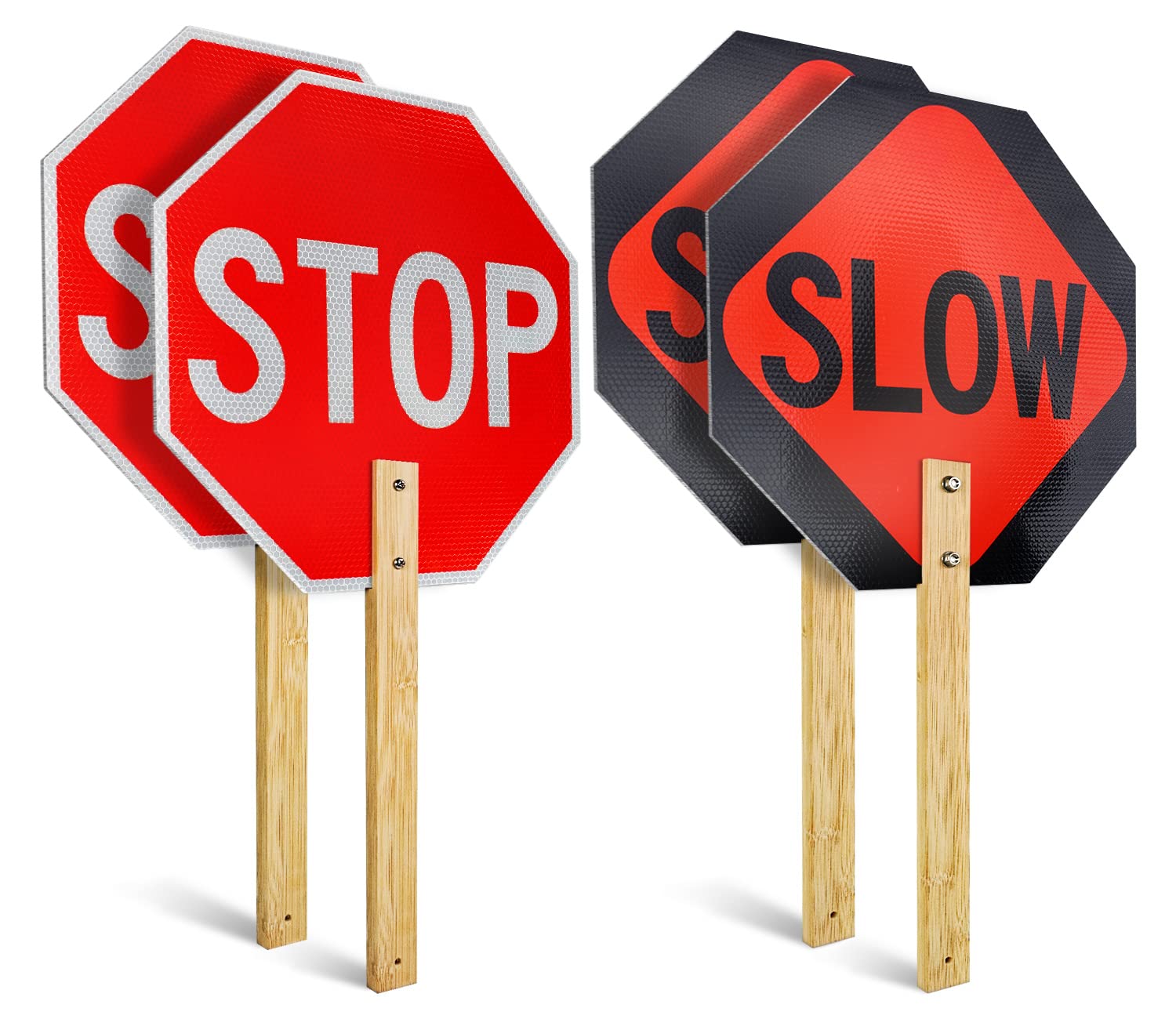 Stop Slow Sign with Bamboo Handle, 2-Pack 13" x 13" Double Sided Engineer Grade Aluminum Sign, Reflective,Sturdy, Easy to Assemble