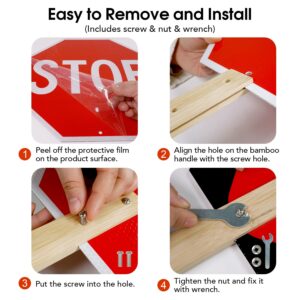 Stop Slow Sign with Bamboo Handle, 2-Pack 13" x 13" Double Sided Engineer Grade Aluminum Sign, Reflective,Sturdy, Easy to Assemble