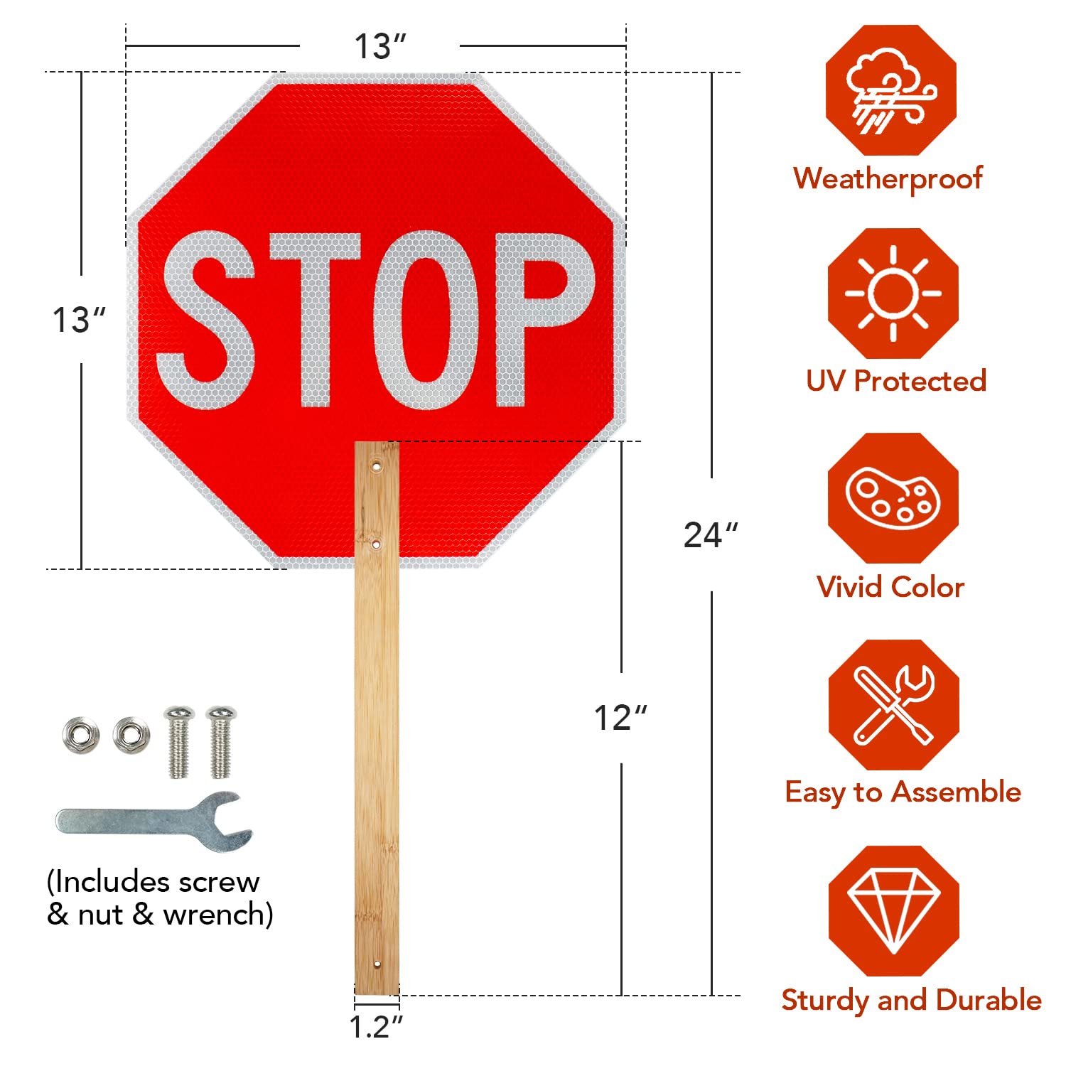 Stop Slow Sign with Bamboo Handle, 2-Pack 13" x 13" Double Sided Engineer Grade Aluminum Sign, Reflective,Sturdy, Easy to Assemble