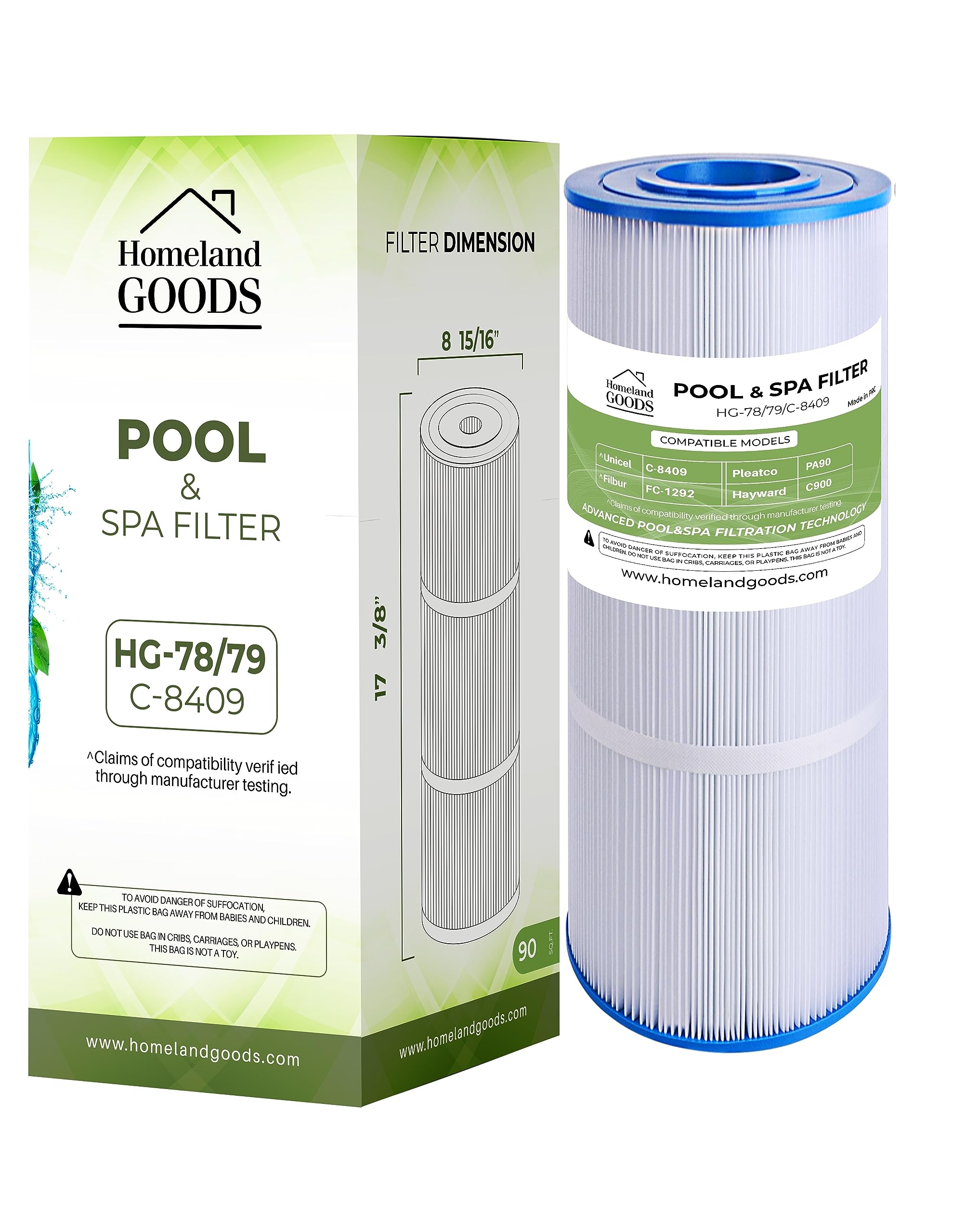 Homeland Goods PLF90A Pool Filter Replacement for Hayward C900, CX900RE, Pleatco PA90, Sta-Rite PXC95, Unicel C-8409, Ultral-B6, Filbur FC-1292, PXC95, 90 sq.ft 17 3/8" x 8 15/16" 1PK