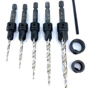 FTG USA Wood Countersink Drill Bit Set 5 Sizes Set Countersink #4, 6, 8, 10, 12 Tapered Drill Bits with Hex Shank Countersink bit, 2 Stop Collar, 1 Allen Wrench, 6 Storage Containers