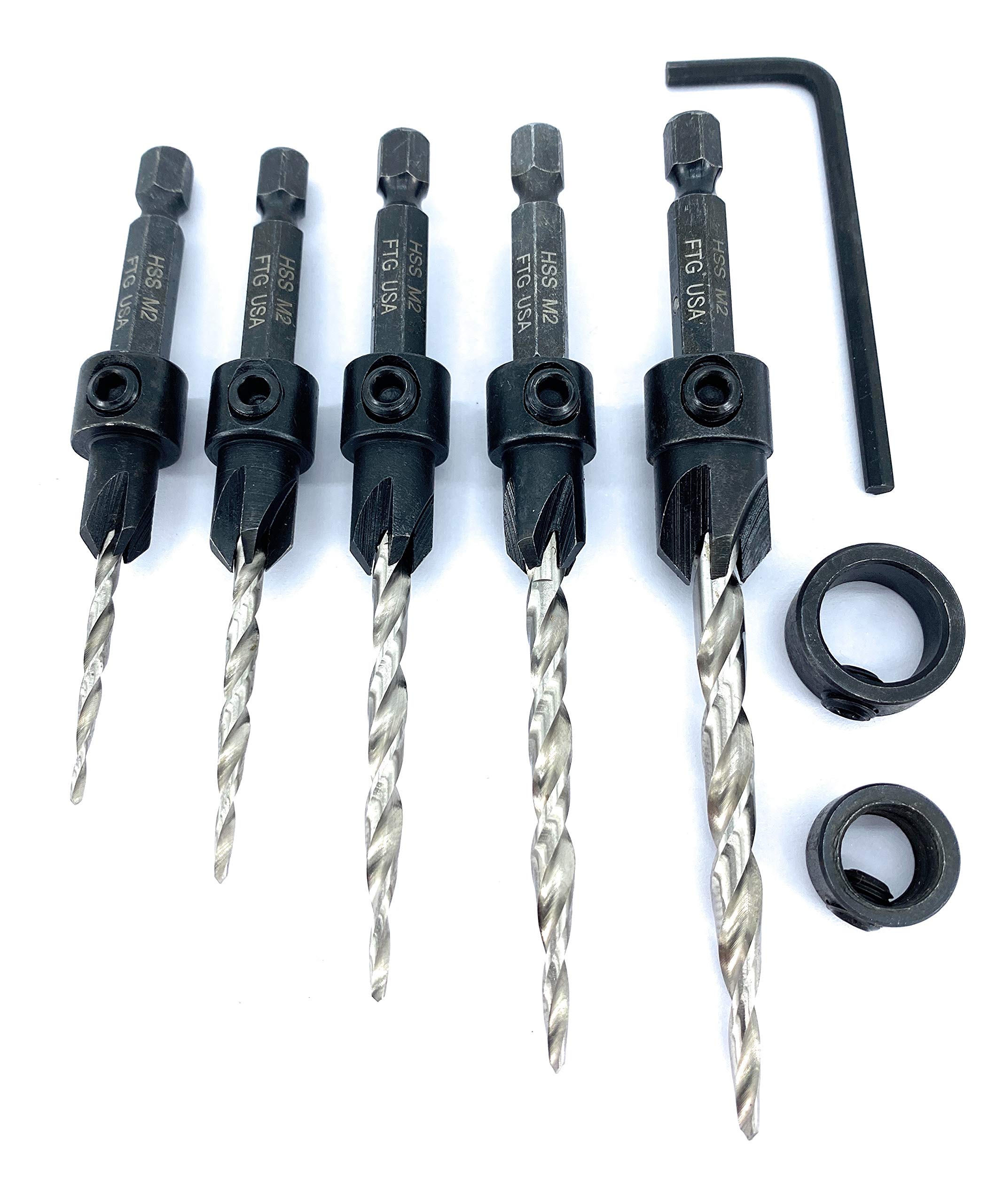 FTG USA Wood Countersink Drill Bit Set 5 Sizes Set Countersink #4, 6, 8, 10, 12 Tapered Drill Bits with Hex Shank Countersink bit, 2 Stop Collar, 1 Allen Wrench, 6 Storage Containers