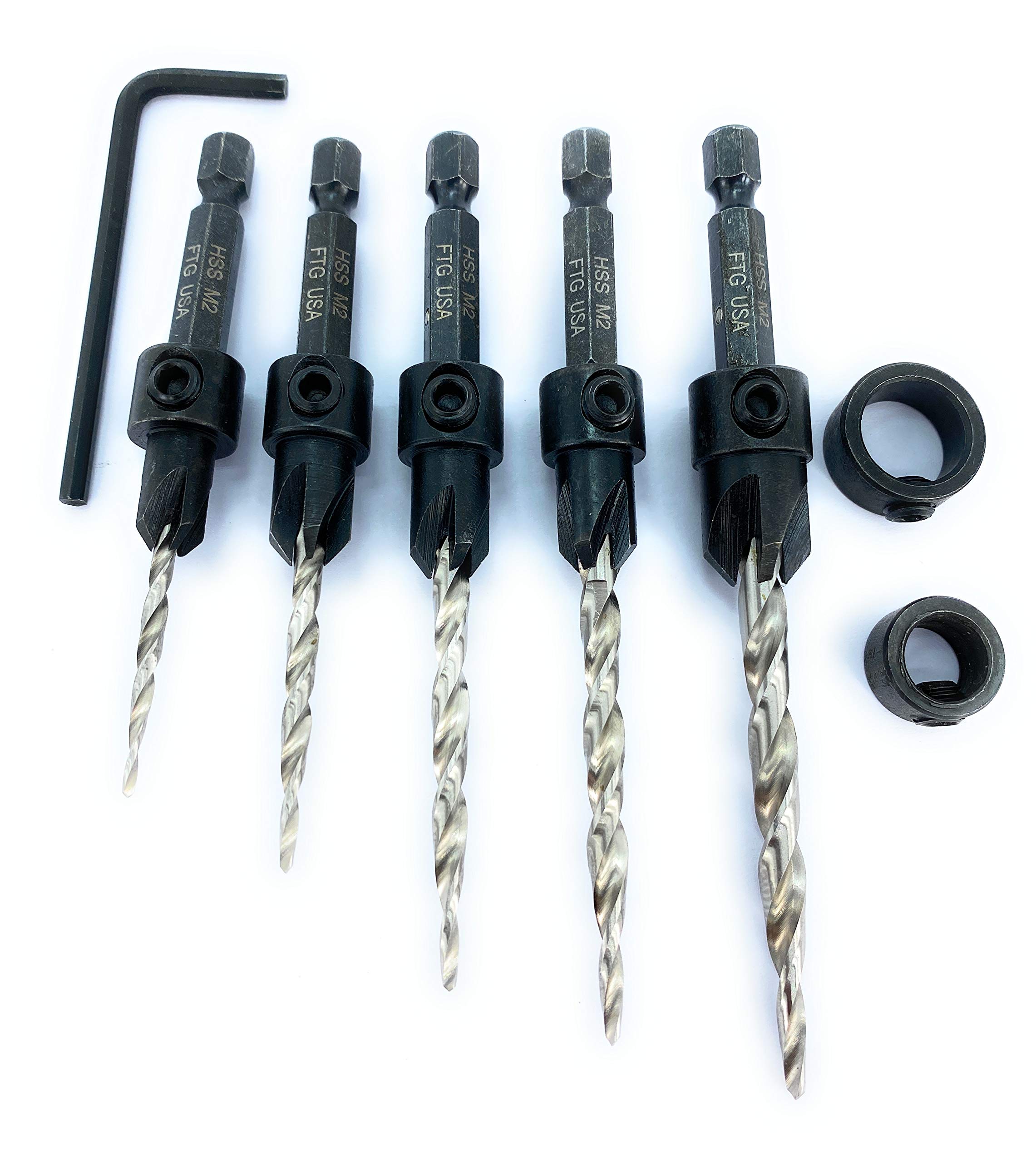 FTG USA Wood Countersink Drill Bit Set 5 Sizes Set Countersink #4, 6, 8, 10, 12 Tapered Drill Bits with Hex Shank Countersink bit, 2 Stop Collar, 1 Allen Wrench, 6 Storage Containers