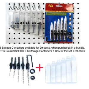 FTG USA Wood Countersink Drill Bit Set 5 Sizes Set Countersink #4, 6, 8, 10, 12 Tapered Drill Bits with Hex Shank Countersink bit, 2 Stop Collar, 1 Allen Wrench, 6 Storage Containers