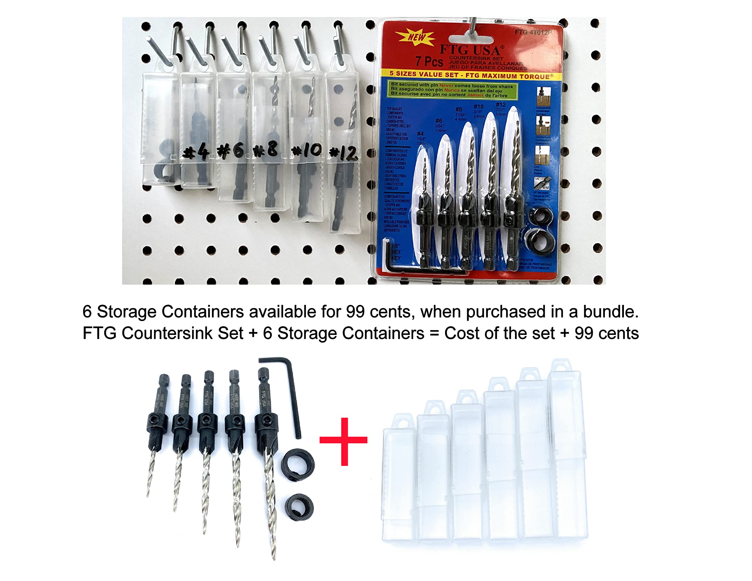 FTG USA Wood Countersink Drill Bit Set 5 Sizes Set Countersink #4, 6, 8, 10, 12 Tapered Drill Bits with Hex Shank Countersink bit, 2 Stop Collar, 1 Allen Wrench, 6 Storage Containers