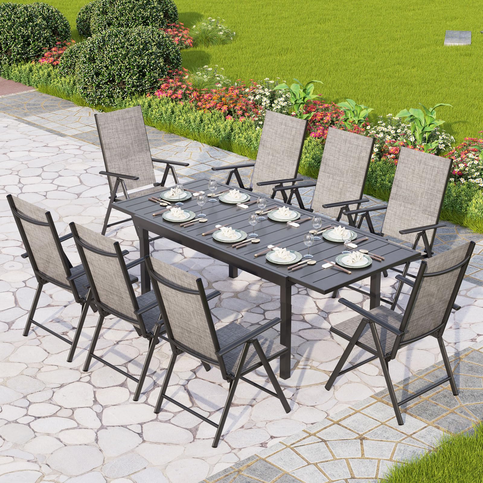 PHI VILLA 9 Piece Patio Dining Set, Outdoor Dining Set with Patio Furniture Table Chairs Set, Adjustable Folding Patio Chairs & Extendable Metal Steel Table for Garden