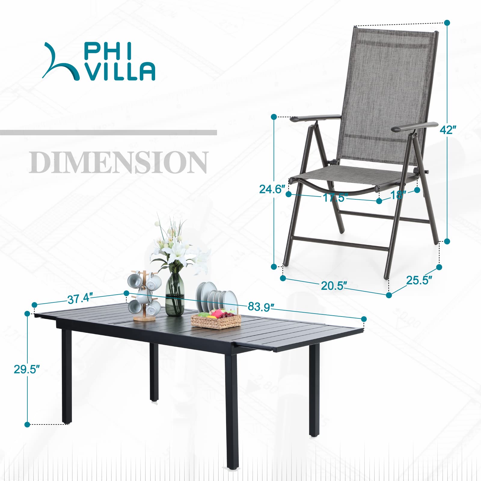 PHI VILLA 9 Piece Patio Dining Set, Outdoor Dining Set with Patio Furniture Table Chairs Set, Adjustable Folding Patio Chairs & Extendable Metal Steel Table for Garden