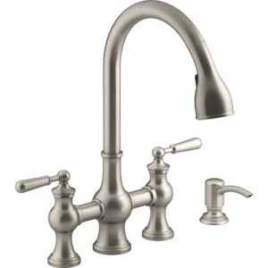 kohler capilano 2-handle bridge farmhouse pull-down kitchen faucet with soap dispenser and sweep spray in vibrant stainless