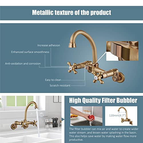 Aolemi Wall Mount Kitchen Faucet 6 Inch Center with Swivel Spout Adjustable Spread 2 Cross Handle Basin Sink Mixer Tap, Antique Brass, H&C Label