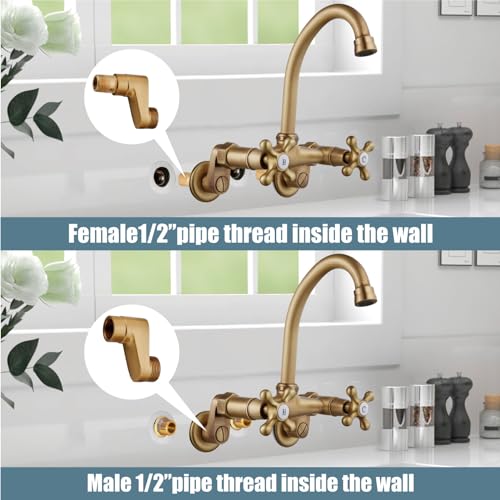 Aolemi Wall Mount Kitchen Faucet 6 Inch Center with Swivel Spout Adjustable Spread 2 Cross Handle Basin Sink Mixer Tap, Antique Brass, H&C Label