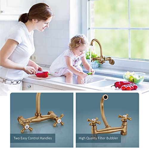 Aolemi Wall Mount Kitchen Faucet 6 Inch Center with Swivel Spout Adjustable Spread 2 Cross Handle Basin Sink Mixer Tap, Antique Brass, H&C Label