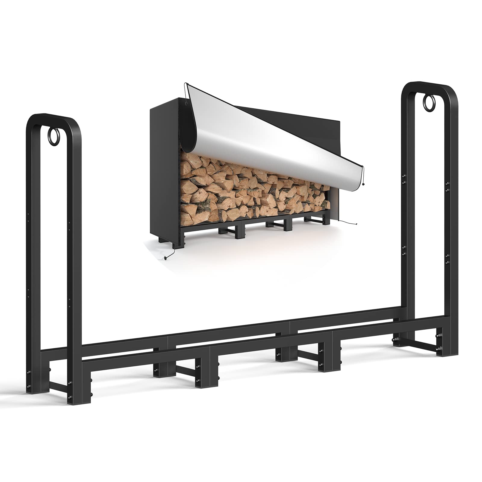 SunyesYo Firewood Rack Outdoor 40in with Waterproof Cover - Heavy Duty Log Rack Indoor Holder, Upgraded Adjustable Fire Wood Racks, Storage Organizer Stand Tool for Fireplace, Black