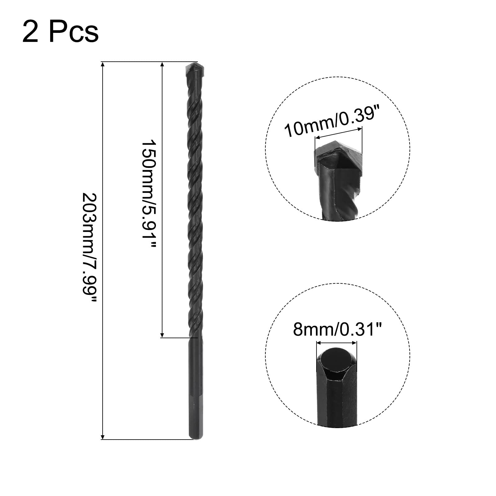 uxcell Masonry Drill Bit Carbide Tip Spiral Rotary Tool, 10mm Cutting Dia (Black) 2 Pcs