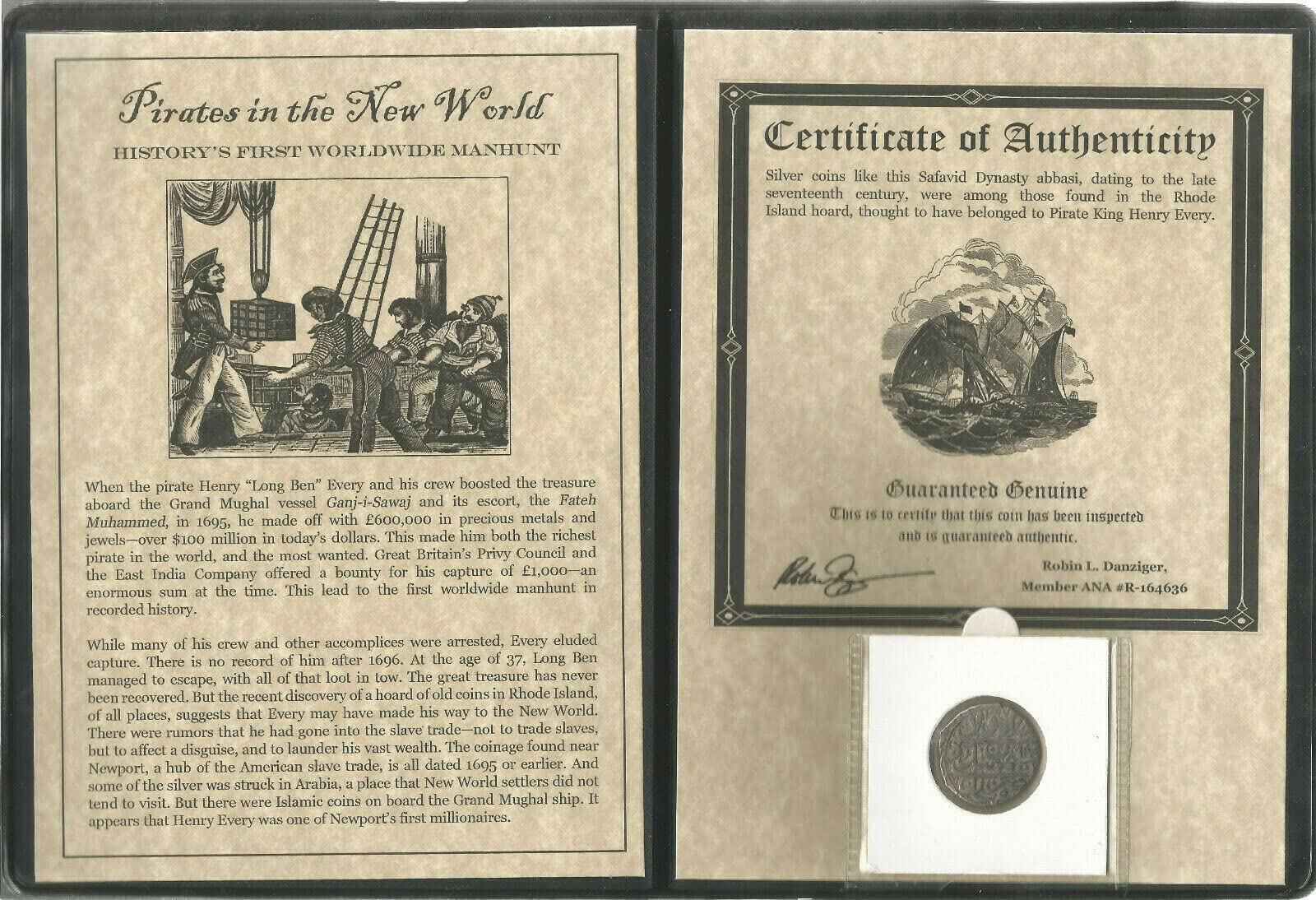 1695 No Mint Mark Authentic Pirate Silver Coin From 17th Century Belonged to Pirate King Henry Certificate Of Authenticity & Holder & Album Inc. $1 seller Very Fine