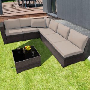 Grezone 7 Pieces Outdoor Sectional Furniture High Backrest Patio Sofa, All-Weather PE Rattan Patio Conversation Set with Coffee Table & Cushions and Black-Glass Table (Cream)