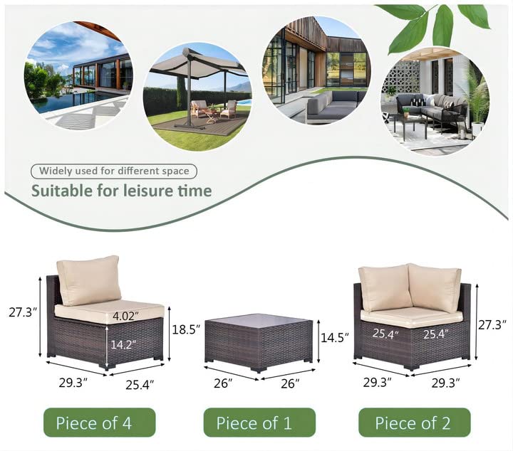 Grezone 7 Pieces Outdoor Sectional Furniture High Backrest Patio Sofa, All-Weather PE Rattan Patio Conversation Set with Coffee Table & Cushions and Black-Glass Table (Cream)