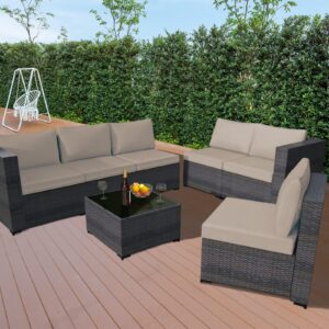 Grezone 7 Pieces Outdoor Sectional Furniture High Backrest Patio Sofa, All-Weather PE Rattan Patio Conversation Set with Coffee Table & Cushions and Black-Glass Table (Cream)