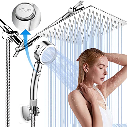 12 Inch Shower Head with Extension Arm 9 Setting Rain Shower Head with Handheld Spray