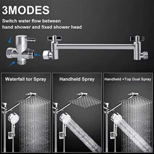 12 Inch Shower Head with Extension Arm 9 Setting Rain Shower Head with Handheld Spray