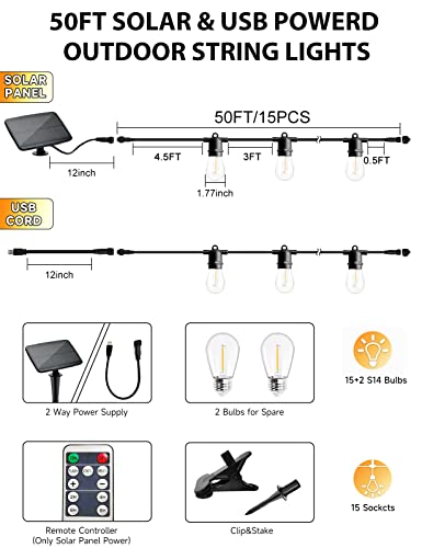 Classhine 50FT USB & Solar Chargeable Outdoor String Lights Dimmable with Remote, Waterproof Patio Deck Lights 15+2 LED Large Bulbs Warm White Shatterproof Replaceable Café Yard Porch Decor