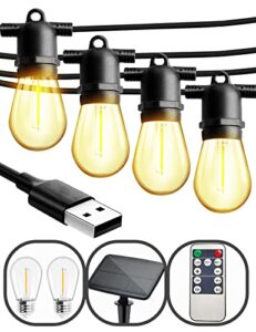 classhine 50ft usb & solar chargeable outdoor string lights dimmable with remote, waterproof patio deck lights 15+2 led large bulbs warm white shatterproof replaceable café yard porch decor