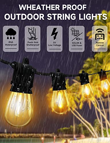 Classhine 50FT USB & Solar Chargeable Outdoor String Lights Dimmable with Remote, Waterproof Patio Deck Lights 15+2 LED Large Bulbs Warm White Shatterproof Replaceable Café Yard Porch Decor